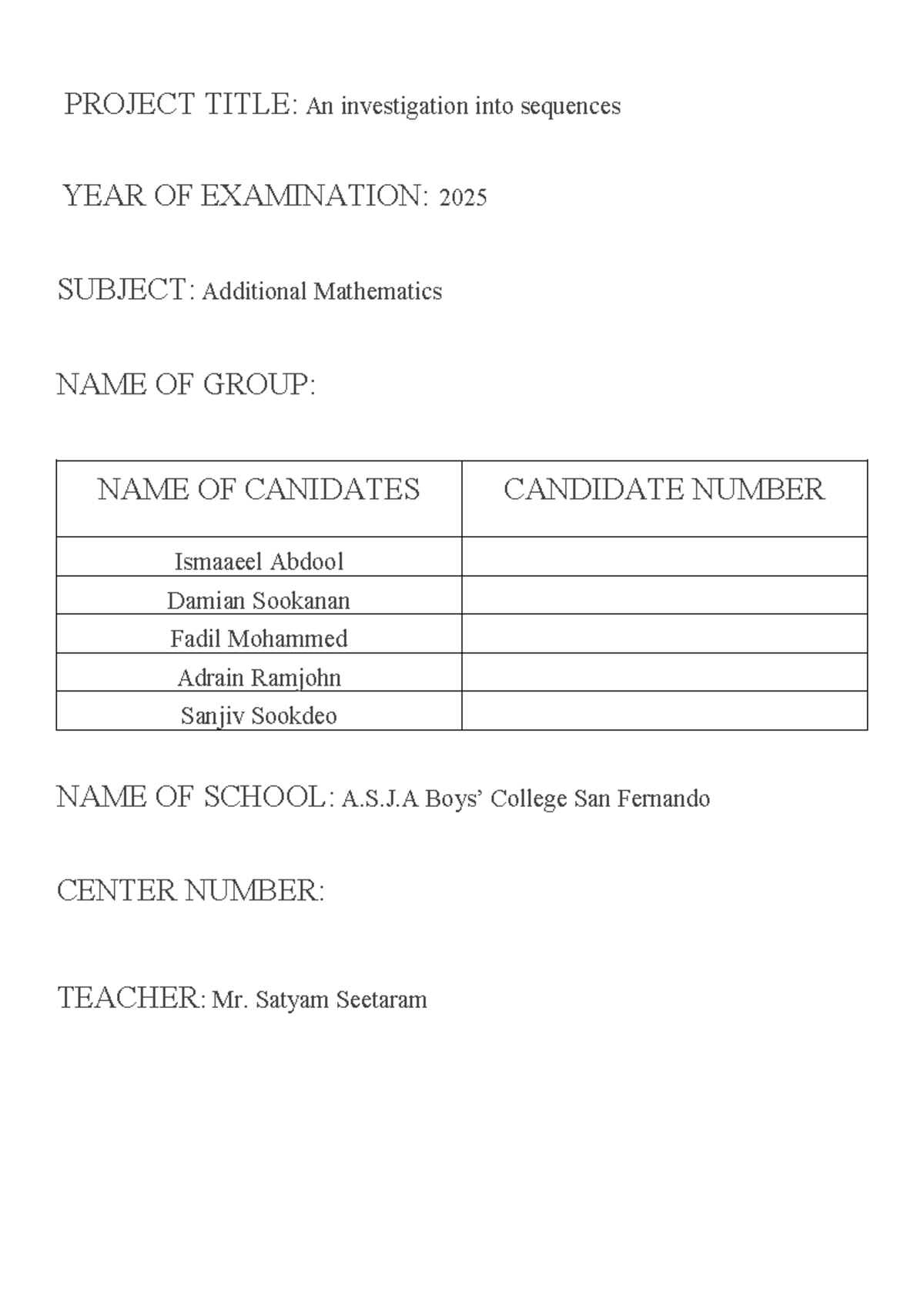 Add maths SBA Final - School Based Assessment portfolio - PROJECT TITLE ...