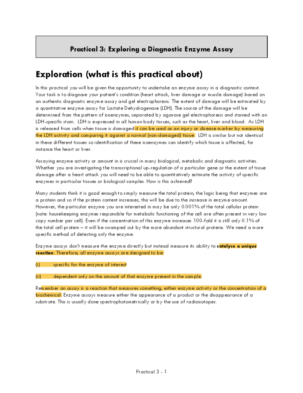 Prac 3 Enzyme Assay Student Lab manual 2020 - Practical 3: Exploring a ...