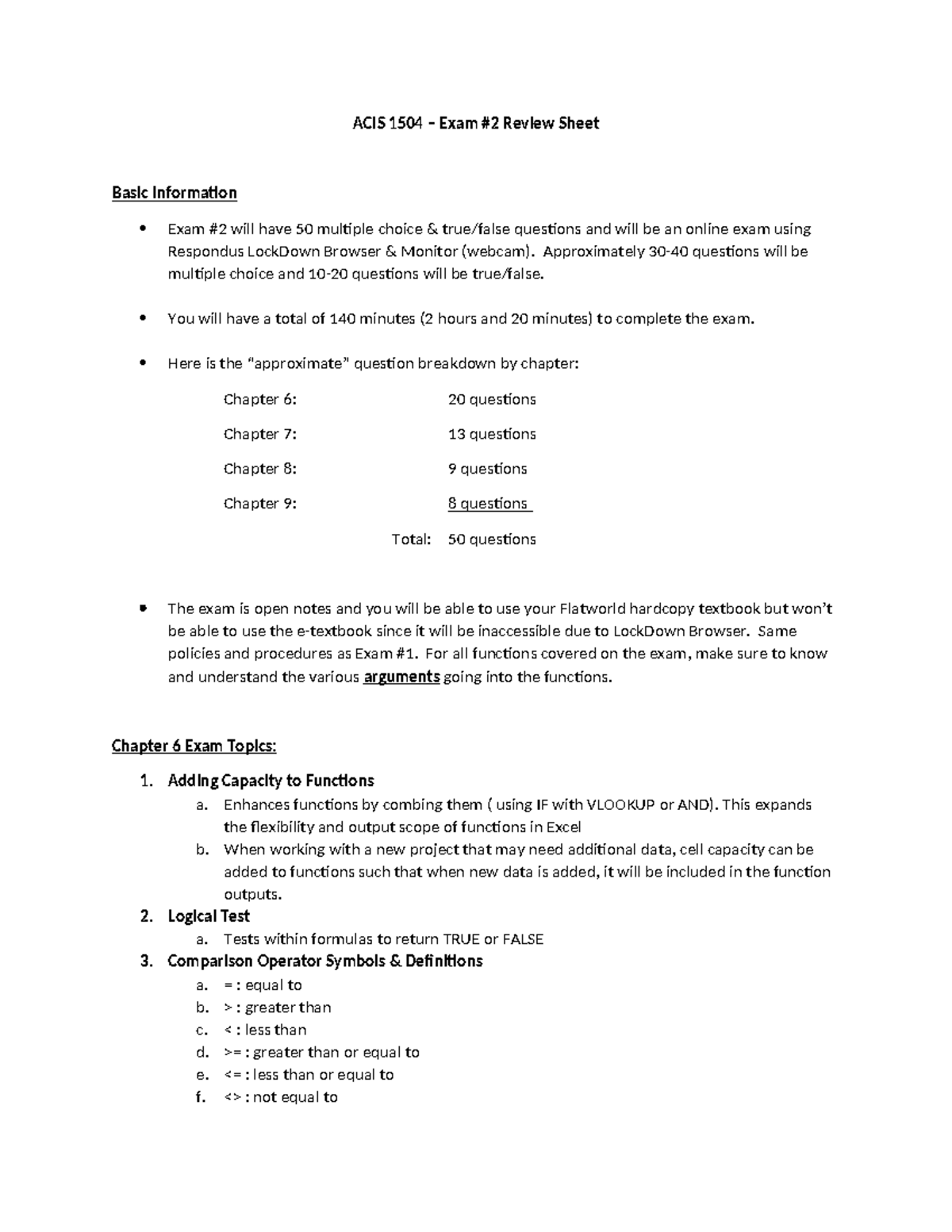 Exam #2 - Review Sheet - study guide used for open note test, covers ...