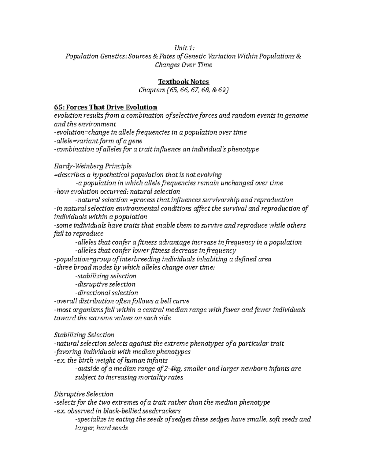 Textbook-notes-BI111 - Unit 1: Population Genetics: Sources Fates of ...