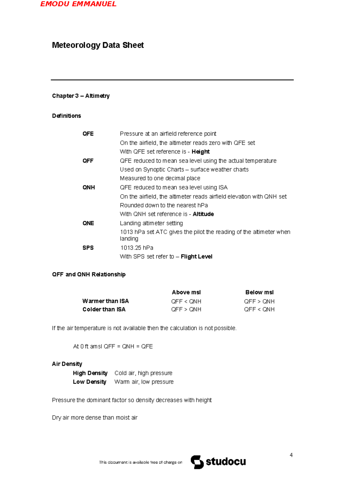 Altimetry - notes - Meteorology Data Sheet Chapter 3 – Altimetry ...