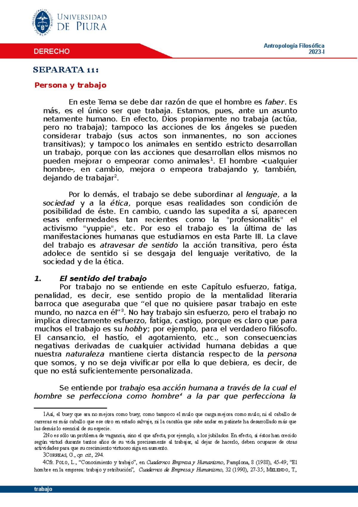 Separata 11. Persona y trabajo - Antropología Filosófica 2023-I Persona y trabajo En este Tema ...