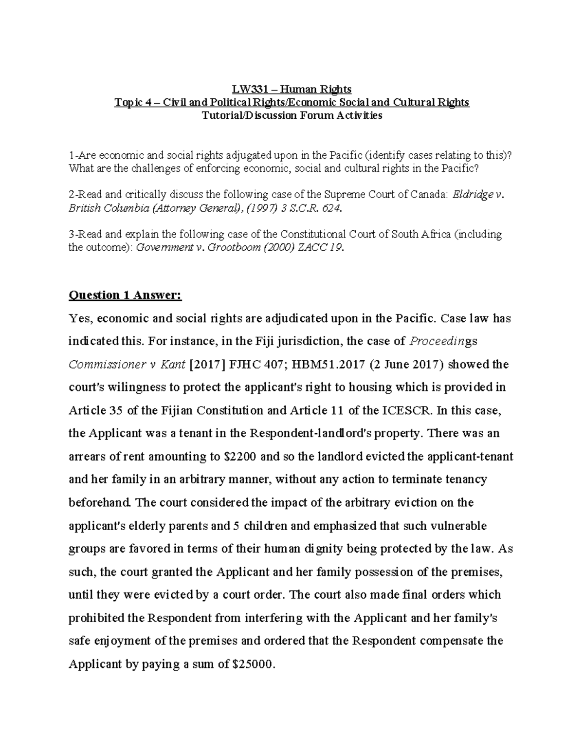 LW331 Tutorial 4 - LW331 – Human Rights Topic 4 – Civil and Political ...