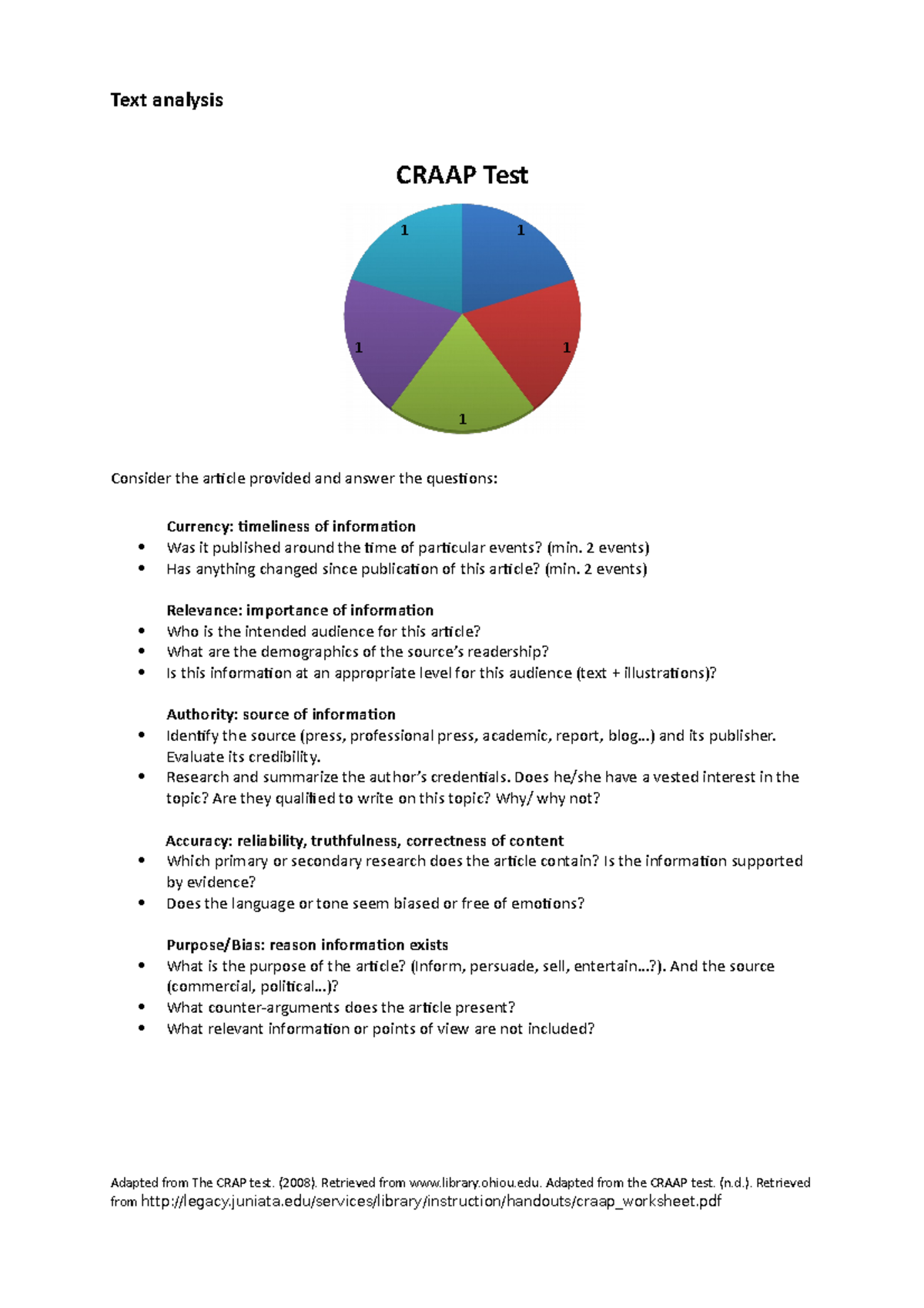Craap Worksheet - Text analysis 1 1 1 1 1 CRAAP Test Consider the ...