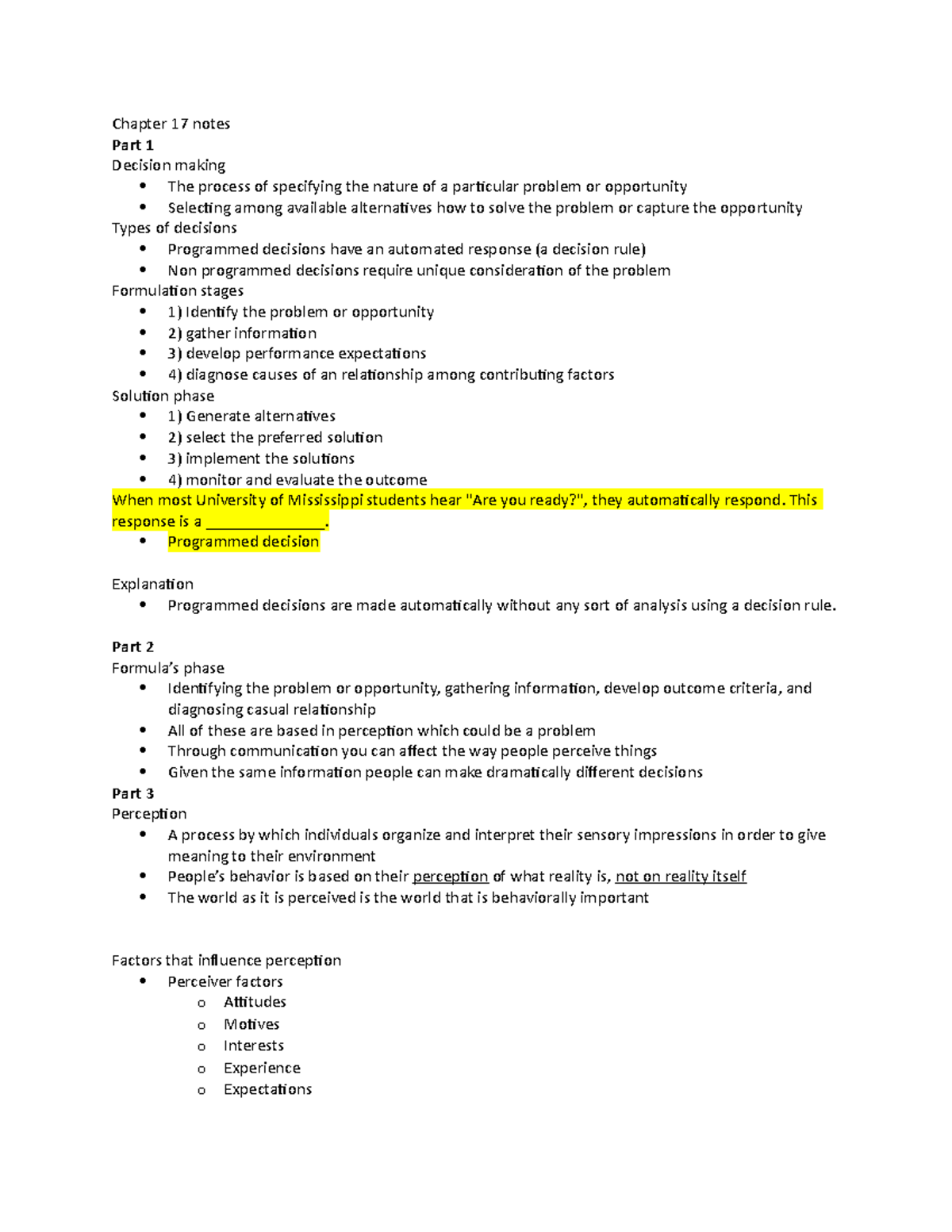 Chapter 17 notes - Chapter 17 notes Part 1 Decision making The process ...