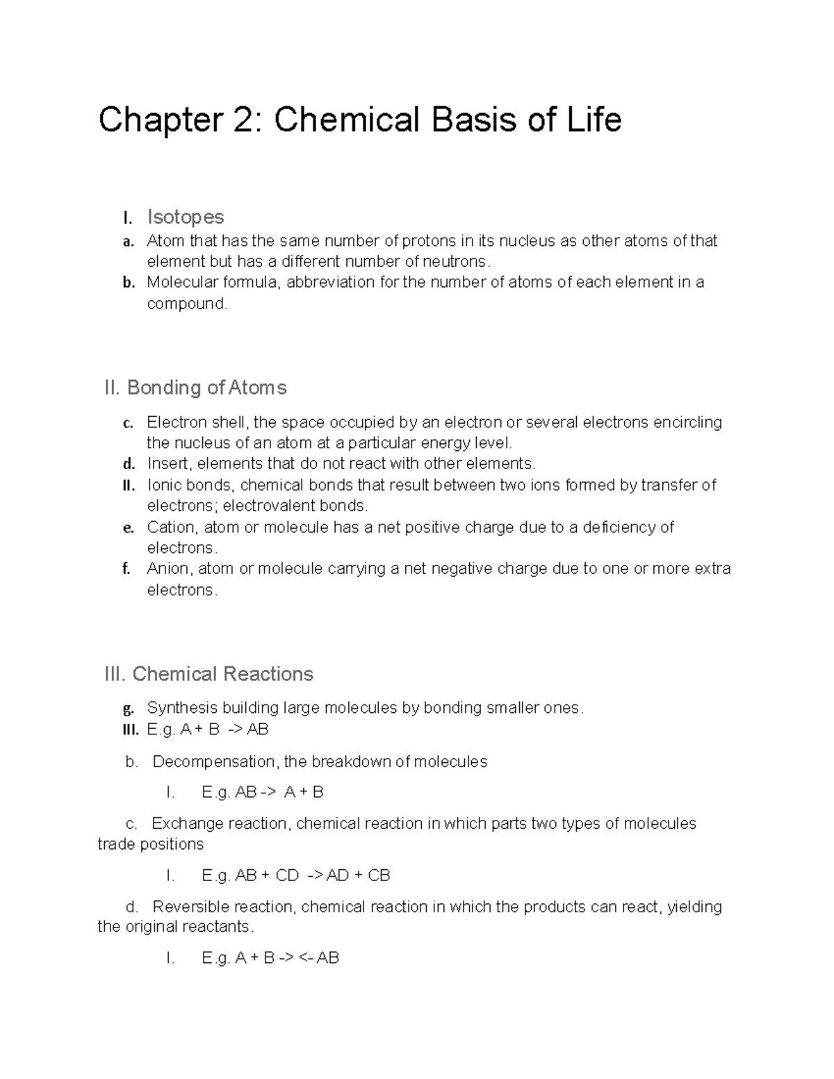 Chapter 2 - notes - Chapter 2: Chemical Basis of Life I. Isotopes a ...