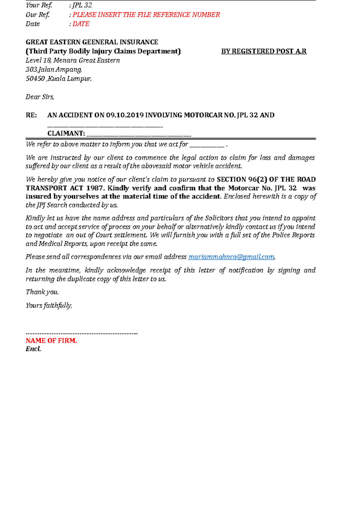 Contoh Notis 96 - Your Ref. : JPL 32 Our Ref. : PLEASE INSERT THE FILE ...