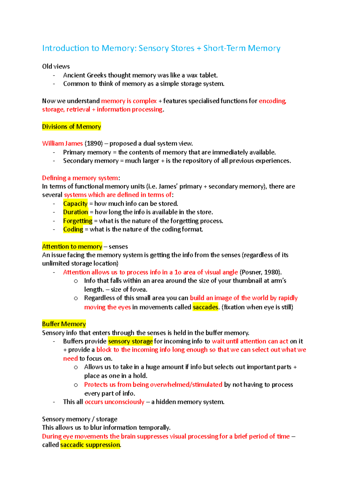Lecture - intro - Introduction to Memory: Sensory Stores + Short-Term ...