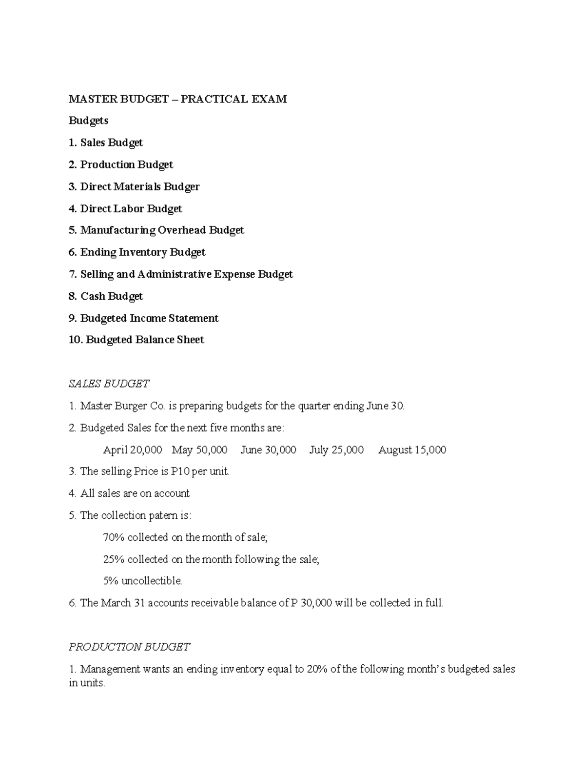 Master Budget Practical Exam - MASTER BUDGET – PRACTICAL EXAM Budgets ...