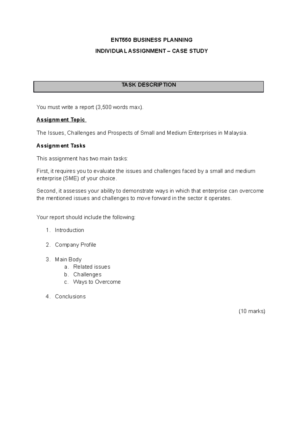 Individual Assignment - Case Study - ENT550 BUSINESS PLANNING ...