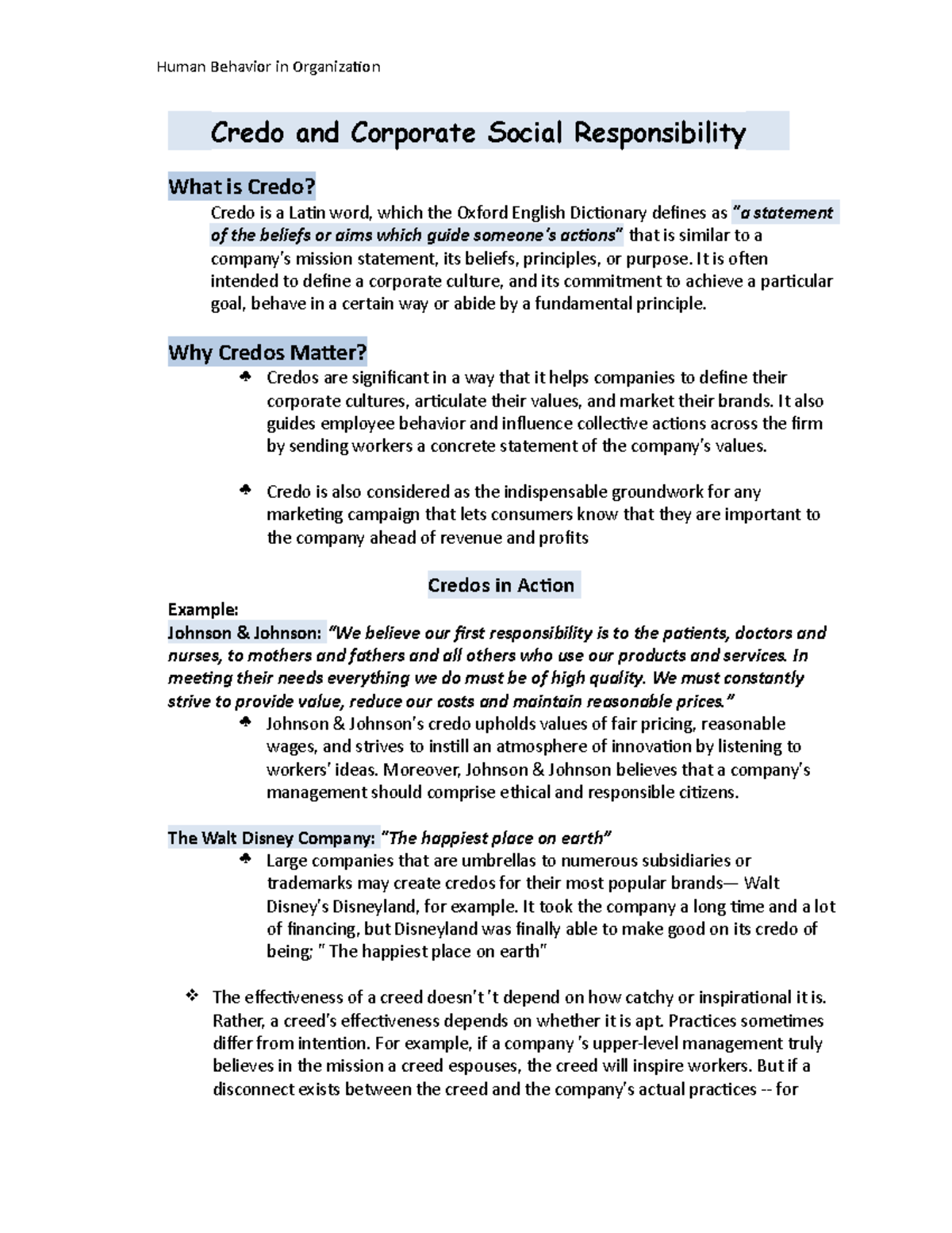 Credo and Corporate Social Responsibility - Human Behavior in ...