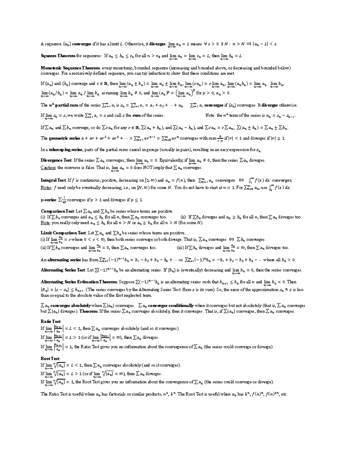 Calculus Chapter 11 Cheat Sheet - A sequence { 𝑎𝑎 𝑛𝑛 } converges if it ...