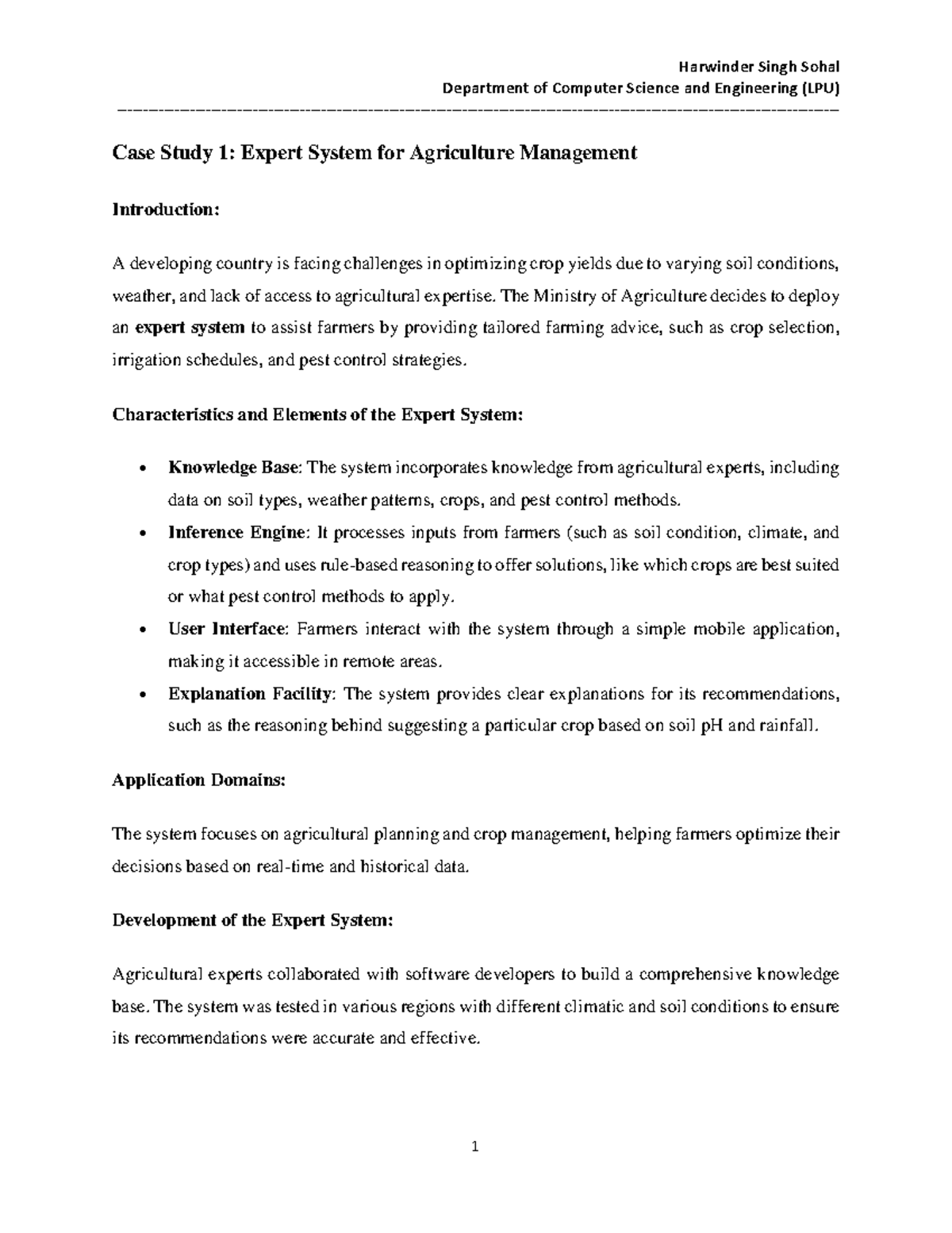 Case Study for Expert System - Department of Computer Science and Engineering (LPU) Case Study 1 ...