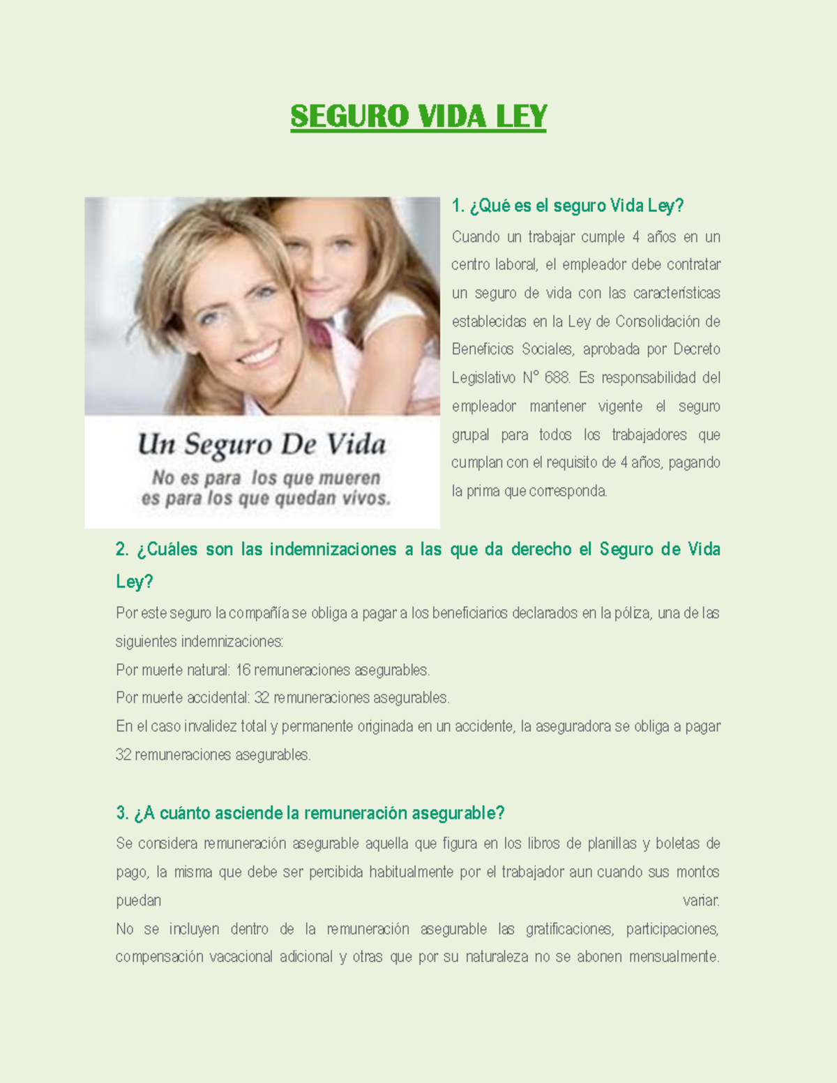 Seguro de vida ley - COSTOS - SEGURO VIDA LEY 1. ¿Qué es el seguro Vida Ley? Cuando un trabajar ...