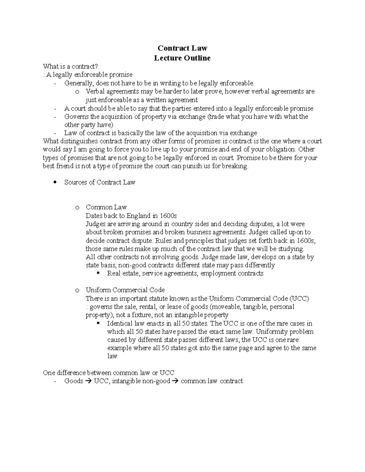 Contract Law Lecture Outline Contract Law Lecture Outline What Is A