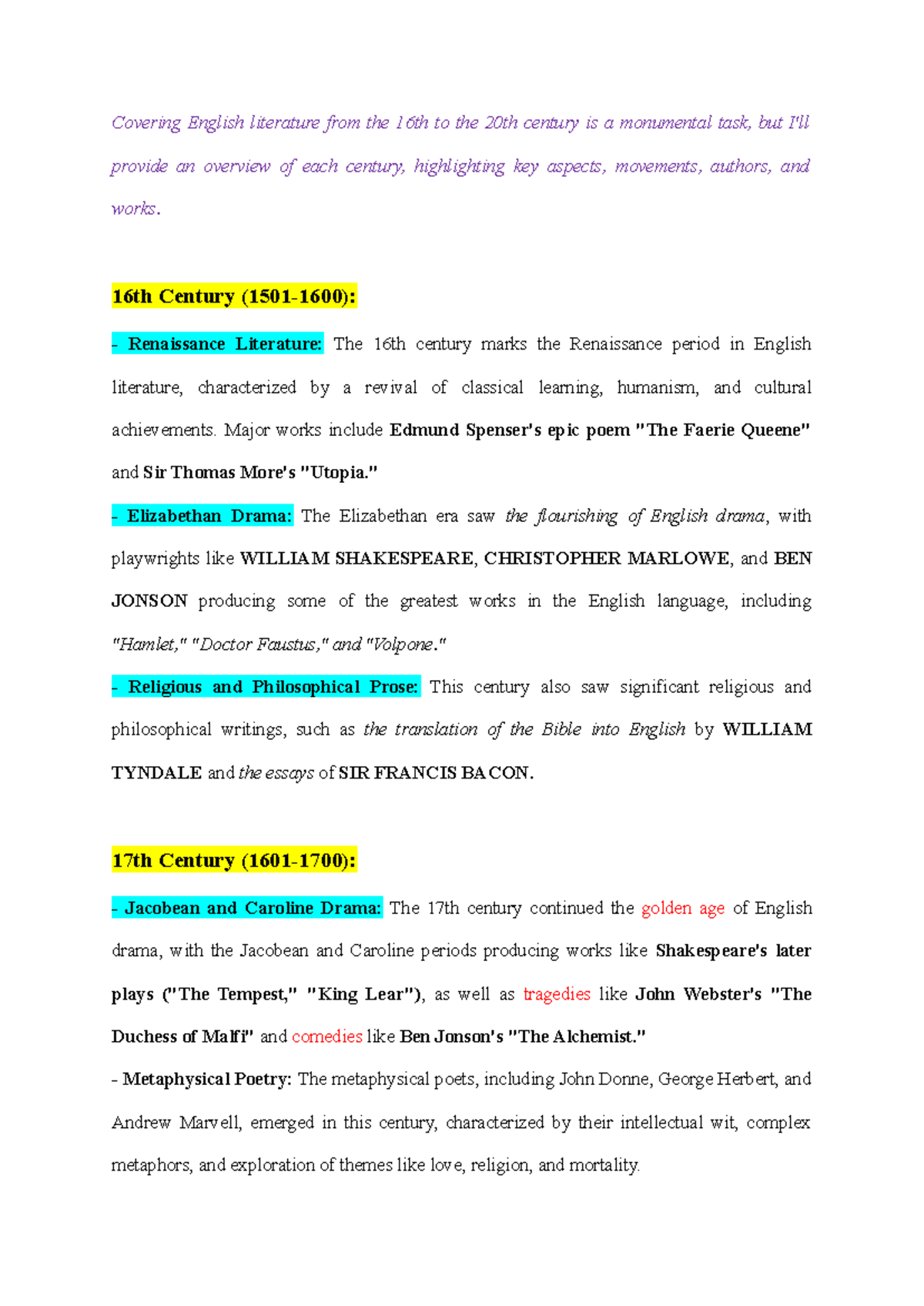 Covering English literature from the 16th to the 20th century - 16th ...