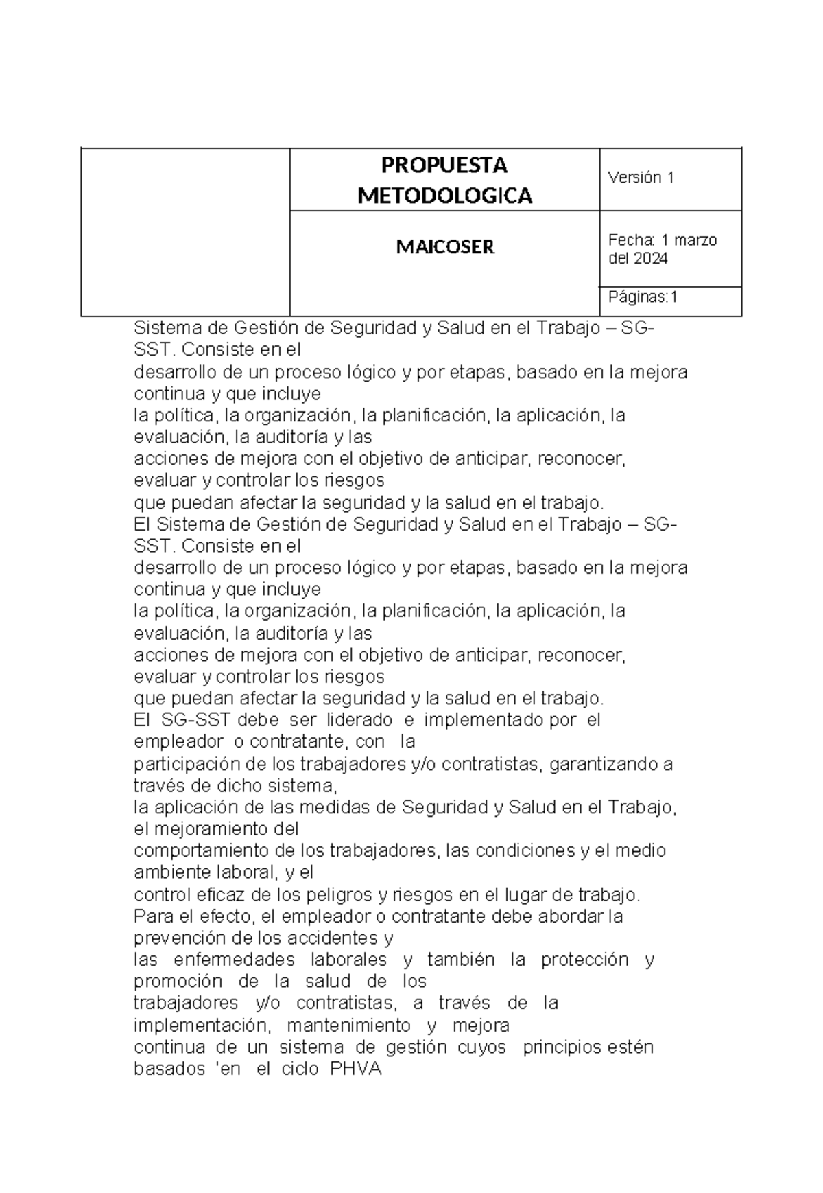 Propuesta Metodologica - PROPUESTA METODOLOGICA Versión 1 MAICOSER ...