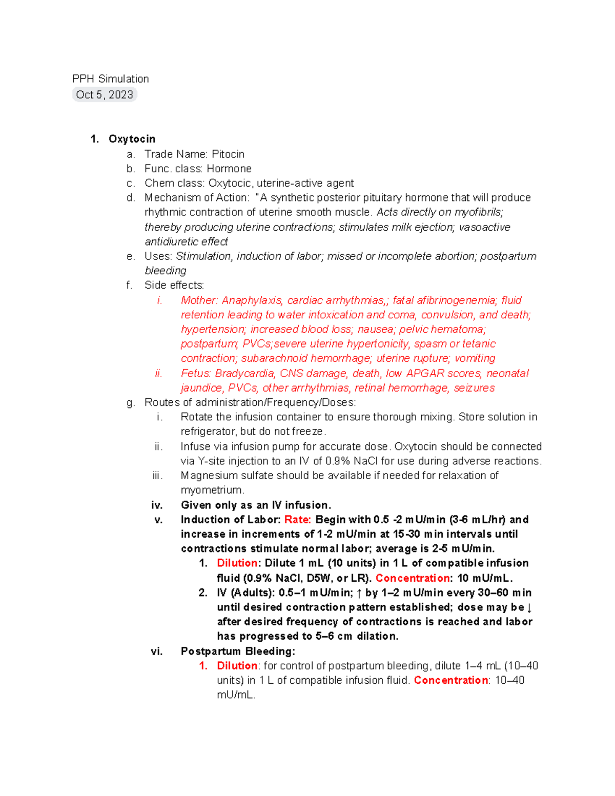 PPH Simulation - Notes about Postpartum Hemmorhage medications - PPH ...