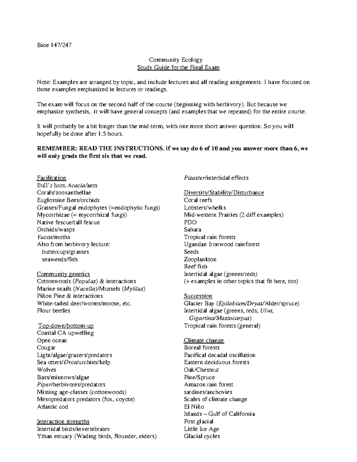 Study guide final - Develops the major themes of community biology ...