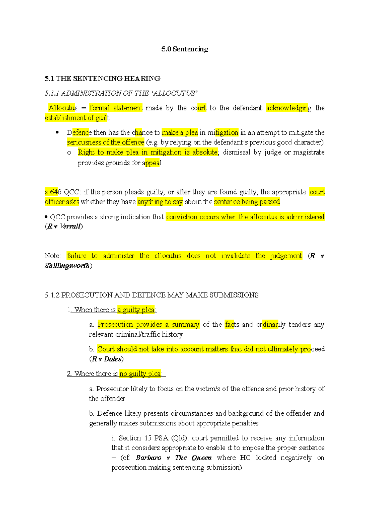 Laws2701 Week 8 Notes - 5 Sentencing 5 THE SENTENCING HEARING 5.1 ...