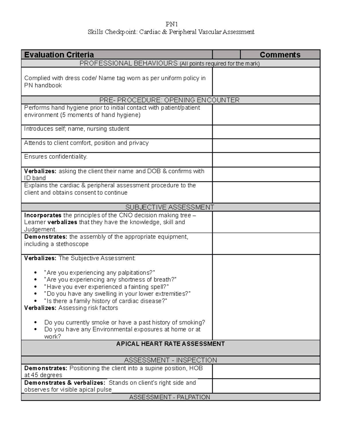 PN Lab 1 - Skills checkpoint - cardiac rubric student - PN Skills ...