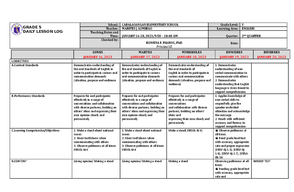 DLL English 5 Q2 W9 - LOVE - GRADE 5 DAILY LESSON LOG School ...
