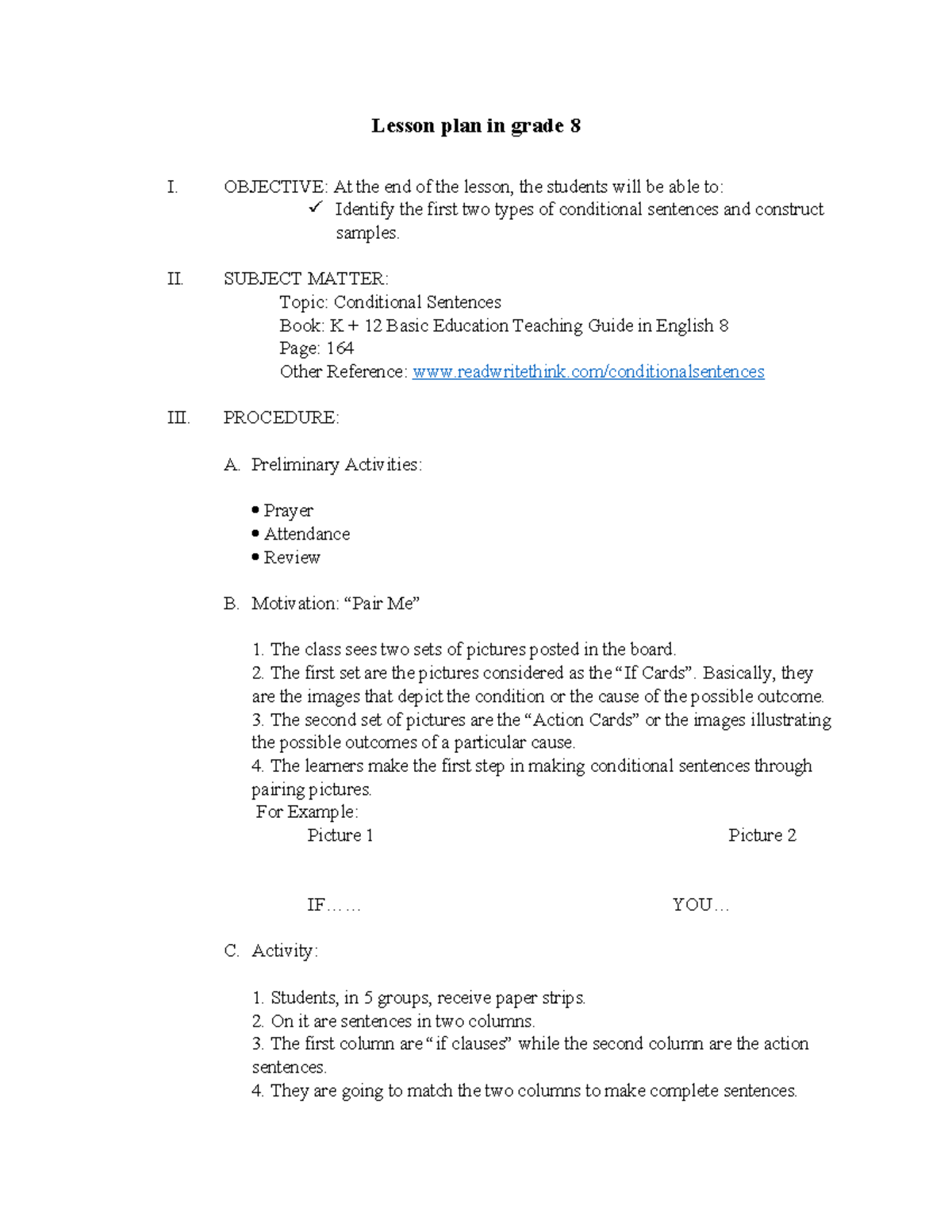 Lesson plan in grade 8 - OBJECTIVE: At the end of the lesson, the ...