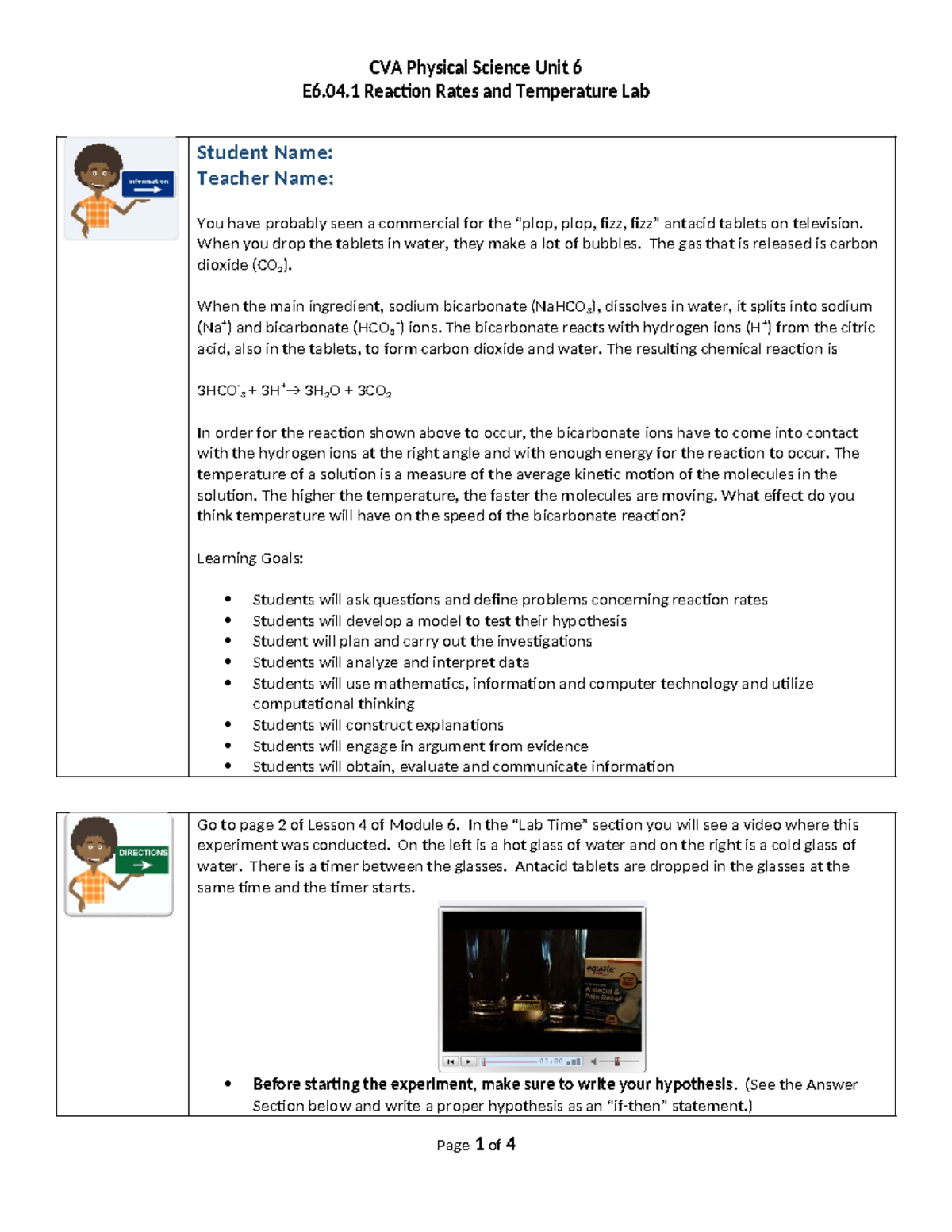 E6.04.1 Reaction Rates and Temperature Lab - E6.04 Reaction Rates and ...