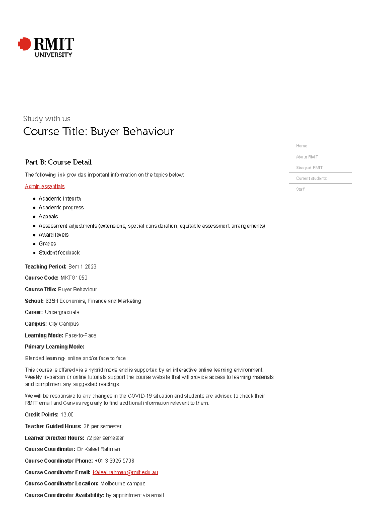 Official Course Guide MKTG1050 S1 2023 Buyer Behaviour - RMIT University - Study with us Course ...