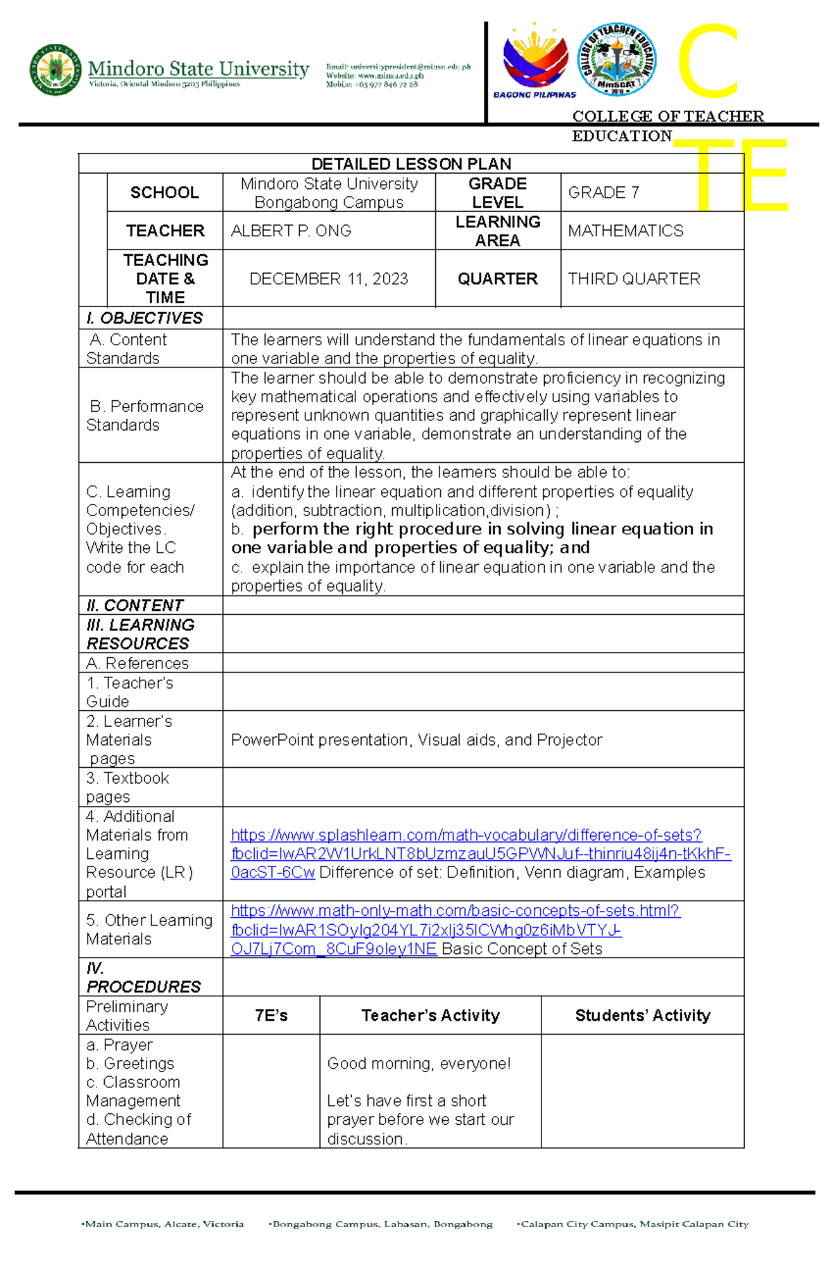 Grade 7 LP lesson 6 - Enjoy - COLLEGE OF TEACHER EDUCATION TE DETAILED ...