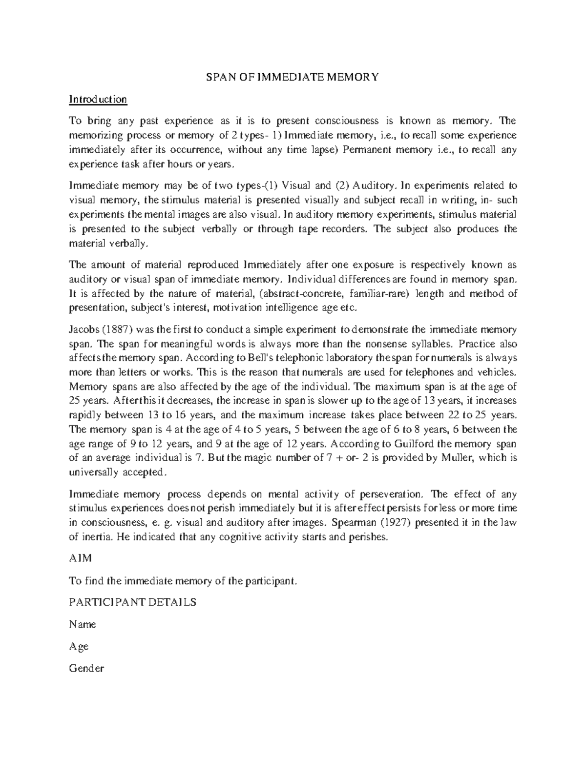 Span of immediate Memory - SPAN OF IMMEDIATE MEMORY Introduction To ...