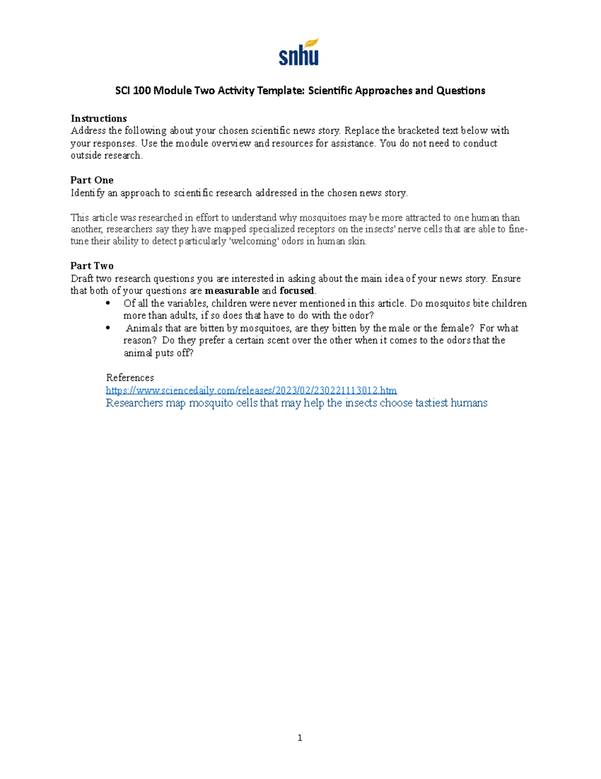 SCI 100 Module Two NS - MOD 2 - SCI 100 Module Two Activity Template: Scientific Approaches and ...