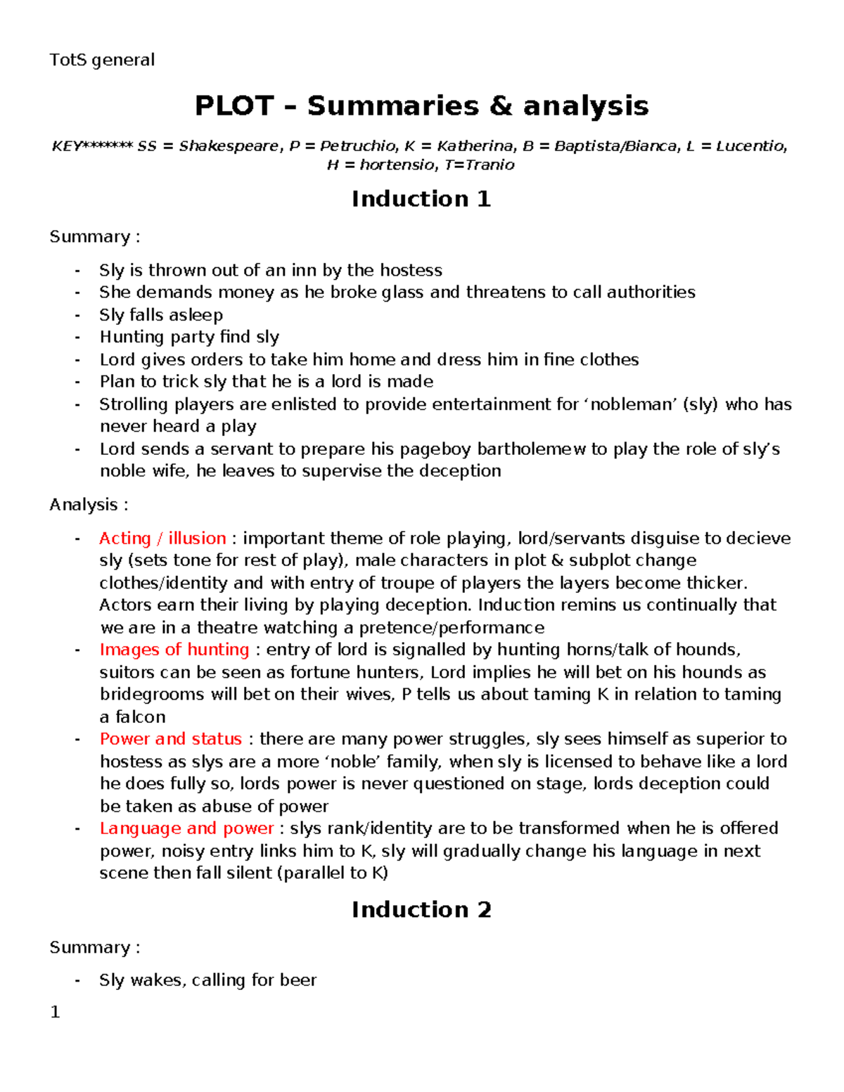 Taming of the shrew notes - PLOT – Summaries & analysis KEY******* SS ...