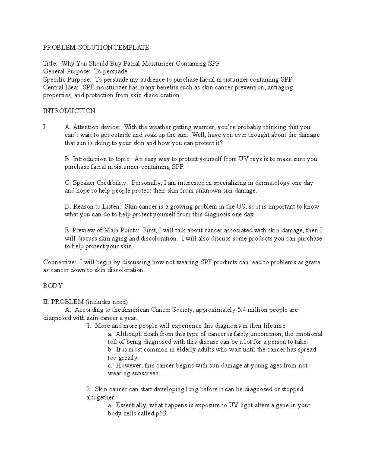 Persuasive Speech 2 Outline - PROBLEM-SOLUTION TEMPLATE Title: Why You ...