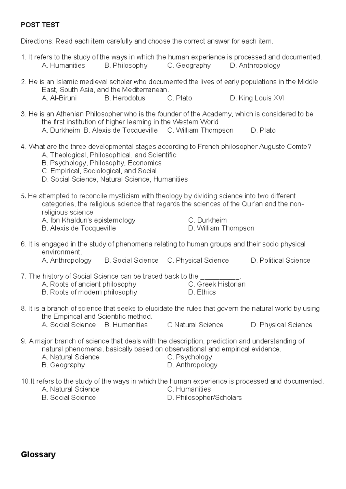 Diss m1 add-ons - diss guide - POST TEST Directions: Read each item ...