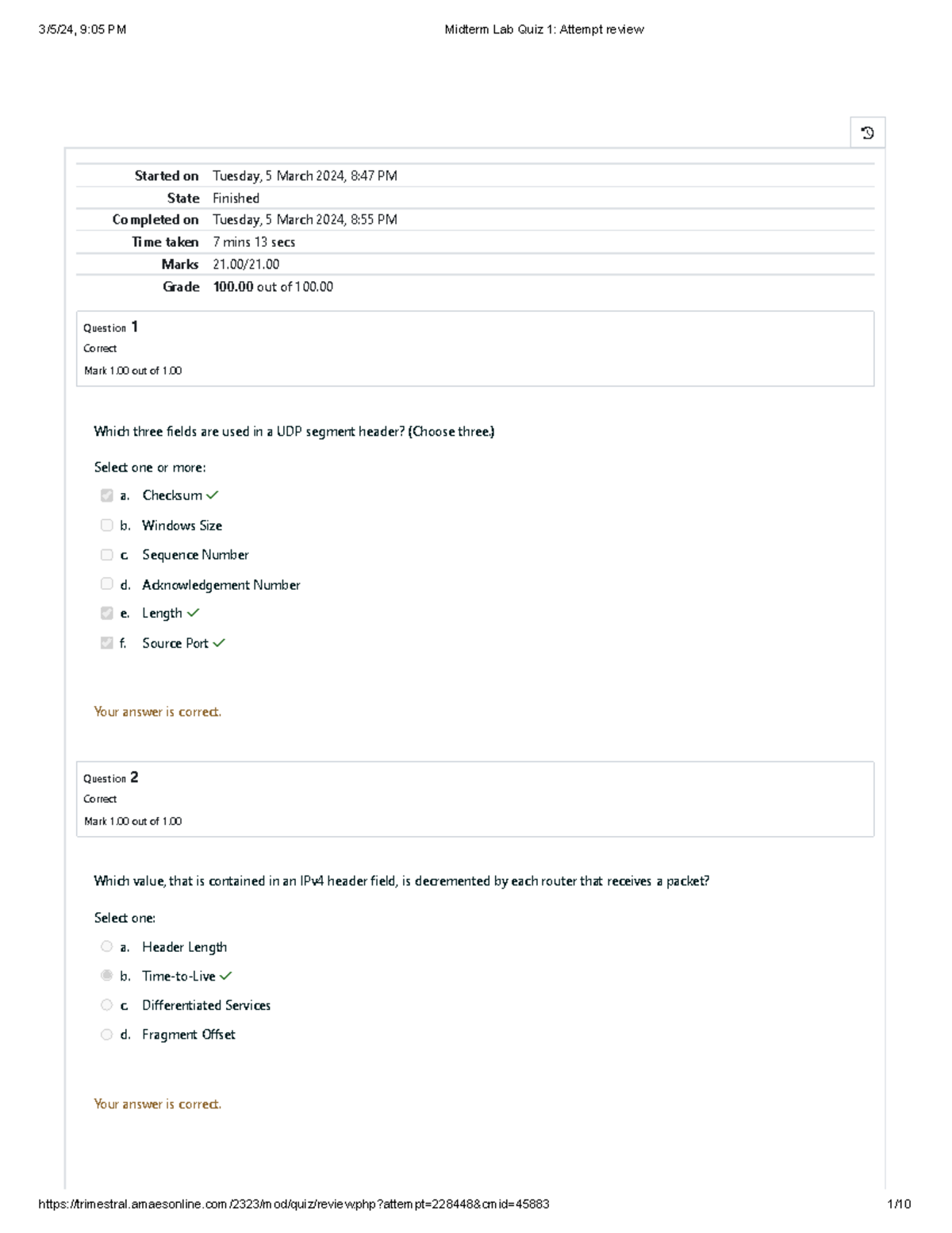 Midterm Lab Quiz 1 Attempt review - Started on Tuesday, 5 March 2024, 8:47 PM State Finished ...