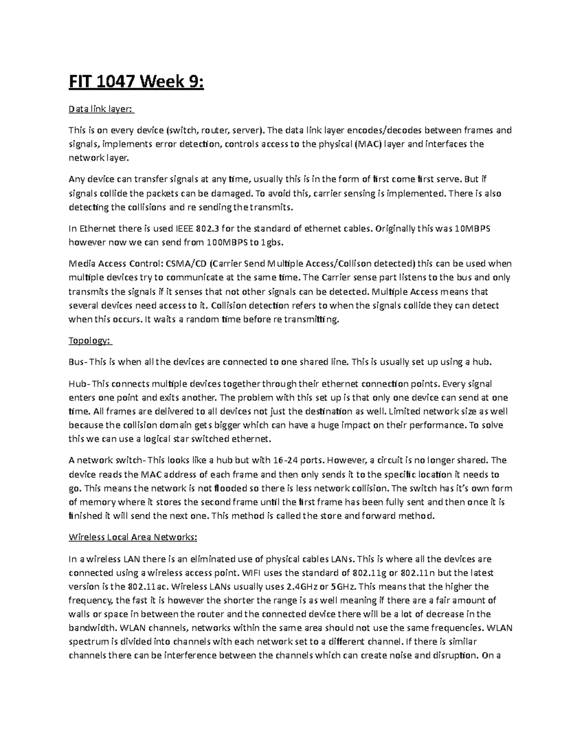 FIT 1047 Lecture week 9 - FIT 1047 Week 9: Data link layer: This is on every device (switch ...