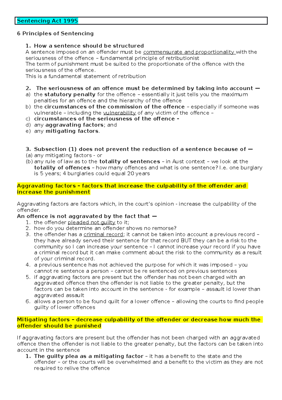 Final EXAM Corrections Notes - Sentencing Act 1995 6 Principles of ...