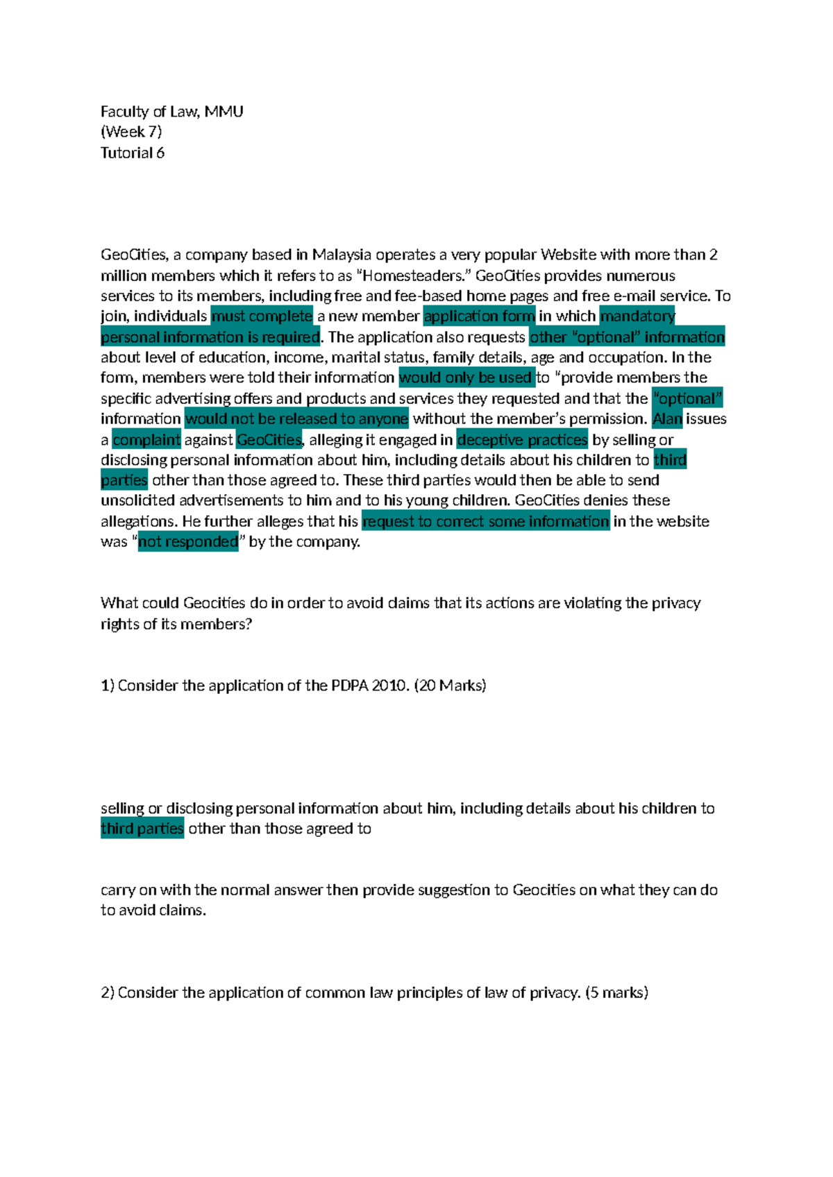 Cyber TUT 6 (PDPA) - gogo - Faculty of Law, MMU (Week 7) Tutorial 6 ...