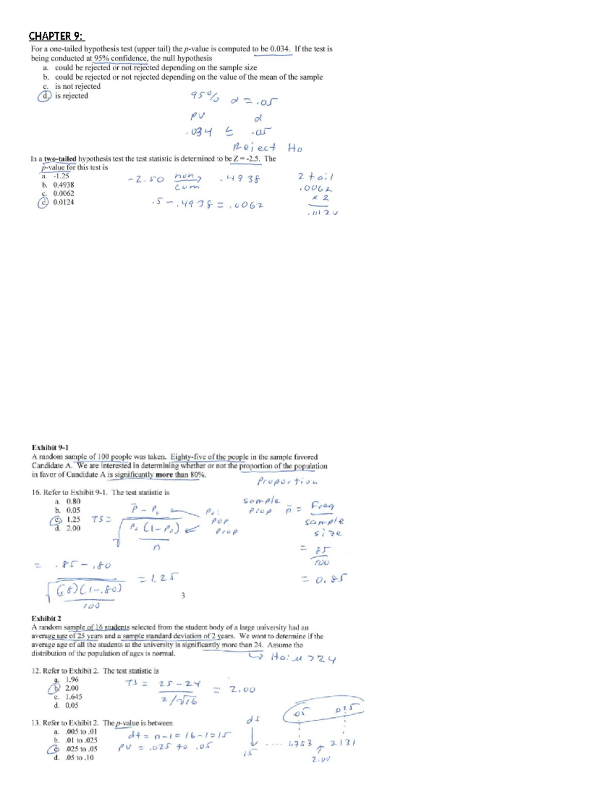 Exam4-Cheat Sheet-BSAD2130 - CHAPTER 9: For a hypothesis test (upper ...