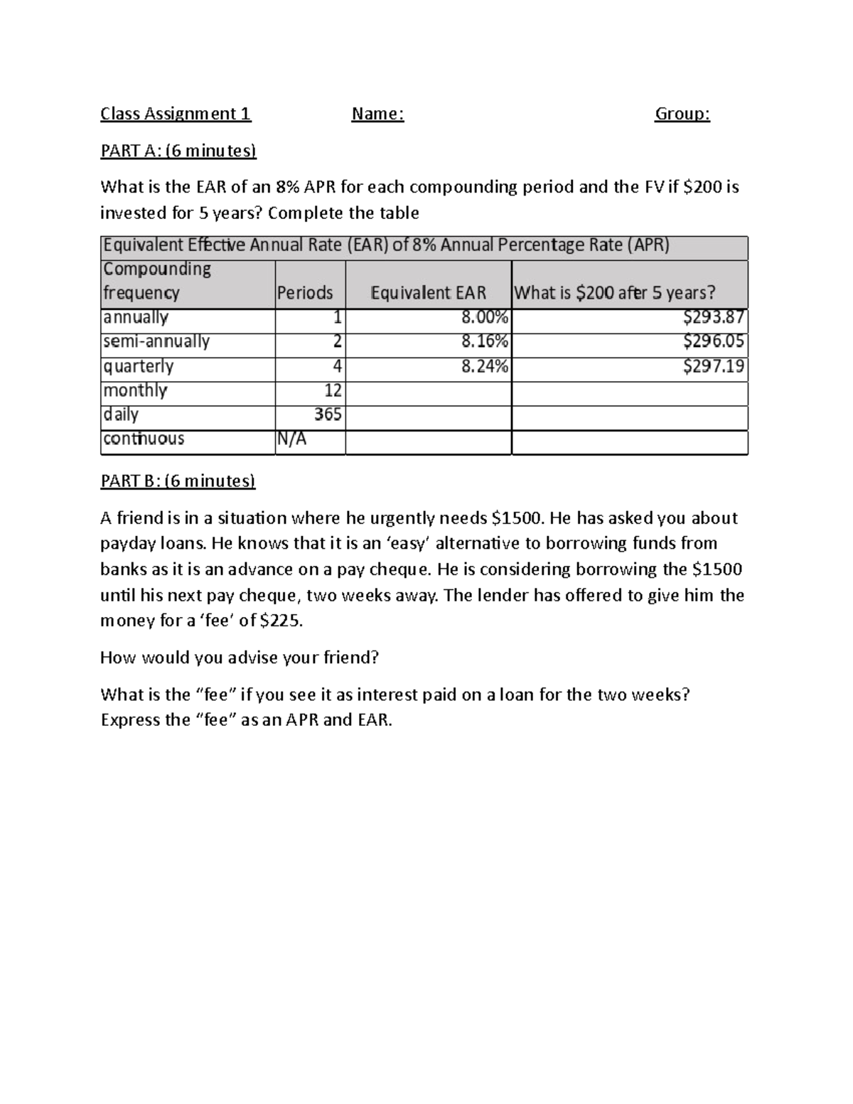Class Assignment 1 (Week 2) - TVM basics and interest rates - Class ...
