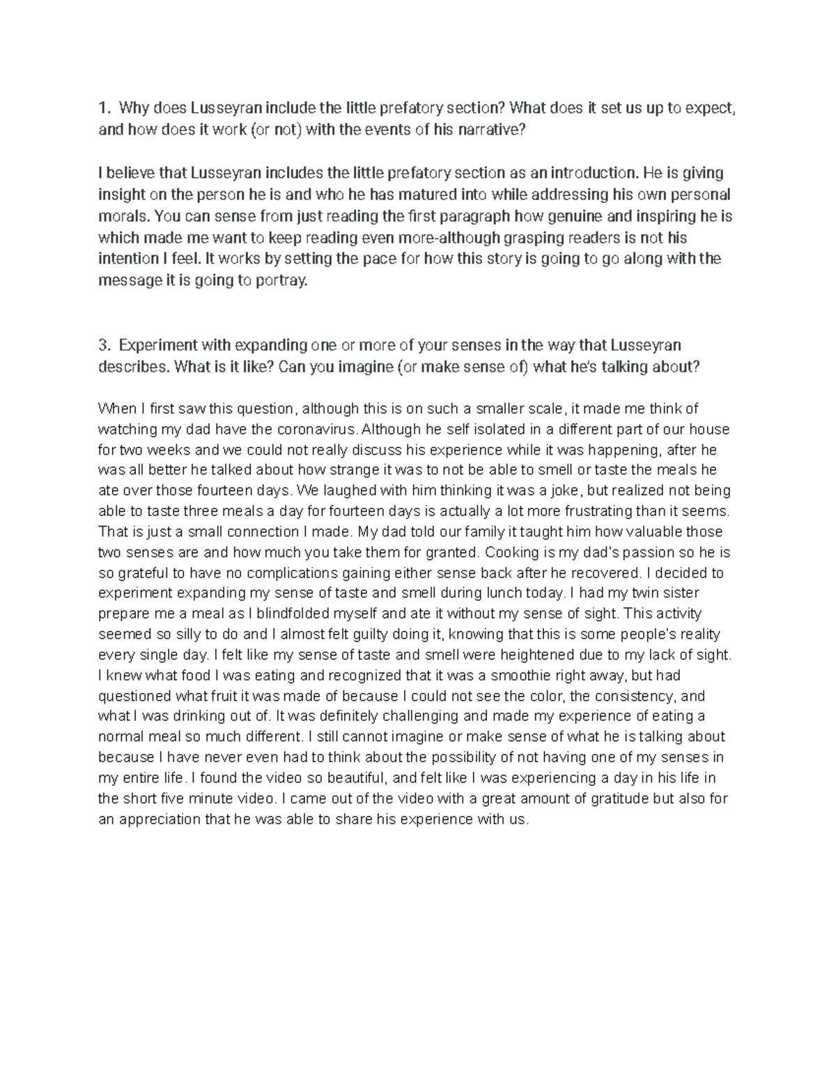 SA Intercation #7 - Got an A in class - 1. Why does Lusseyran include ...