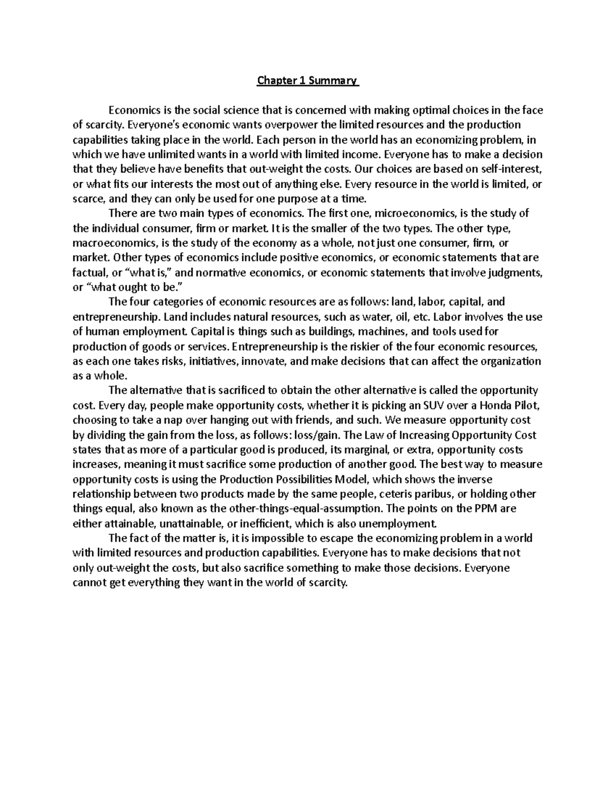 Chapter 1 Summary Chapter 1 Summary Economics Is The Social Science