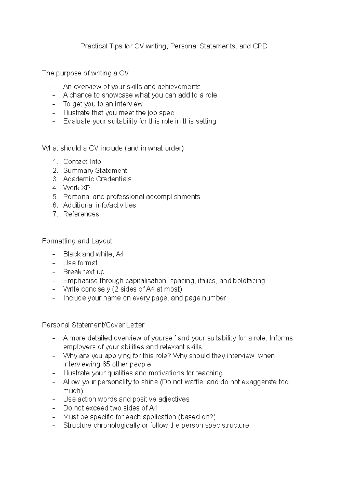 Cvpscpd - Notes - Practical Tips for CV writing, Personal Statements ...