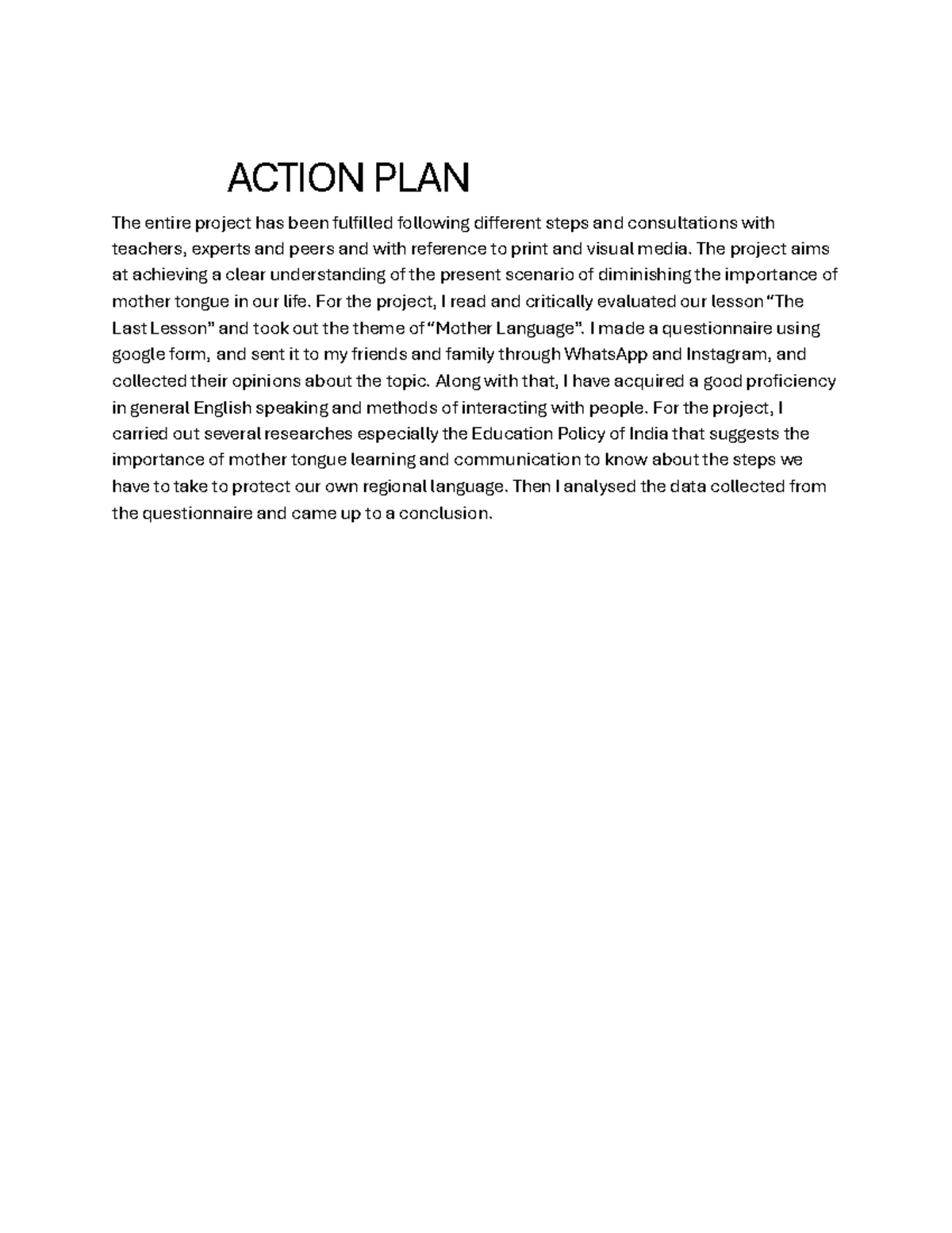 Document - ACTION PLAN The entire project has been fulfilled following ...