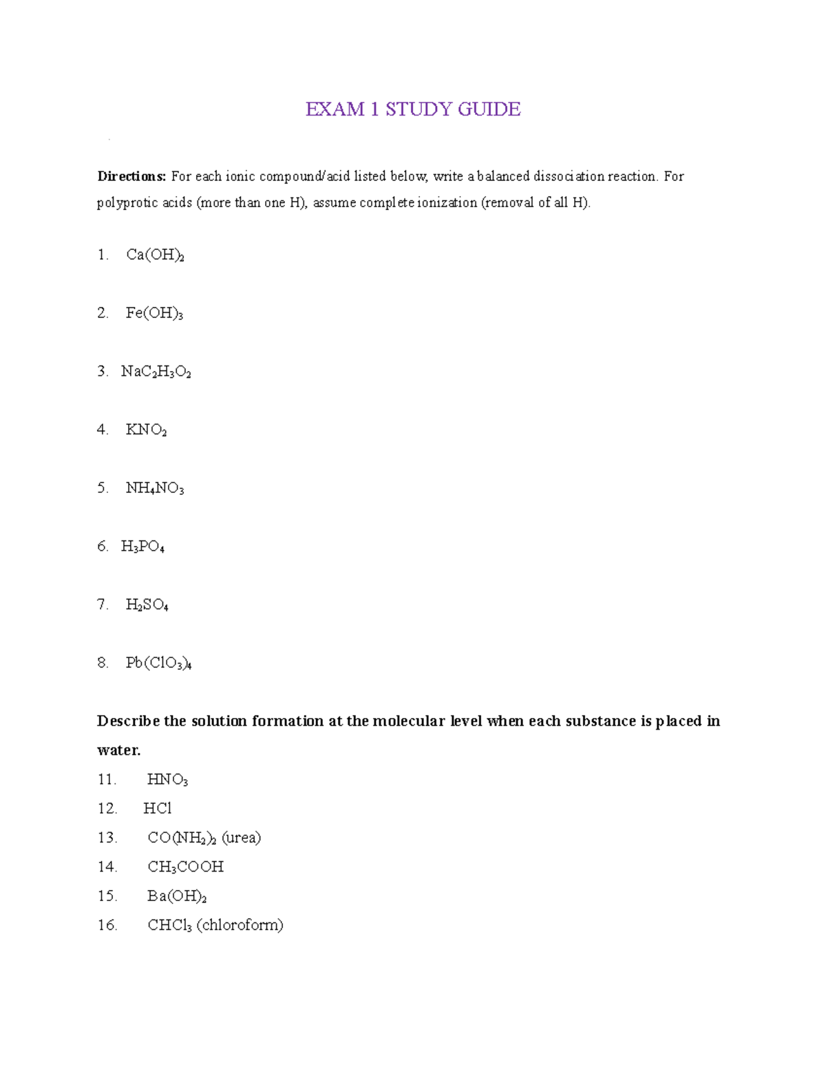 EXAM 1 Study Guide - EXAM 1 STUDY GUIDE Directions: For each ionic ...