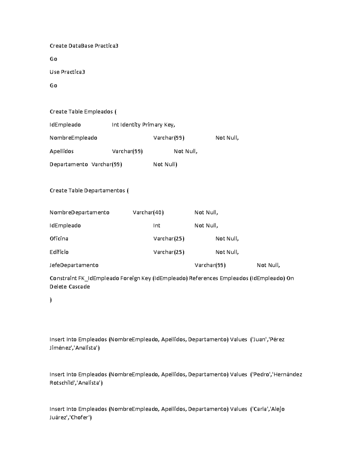 Programa en sql Create Data Base empleados - Create DataBase Practica GoUse Practica Go Create ...