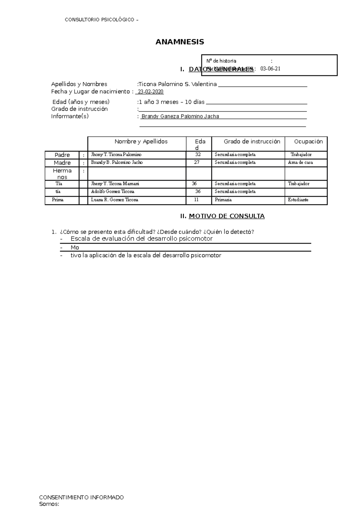 Amnesis practica calificada importante final - ANAMNESIS I. DATOS ...
