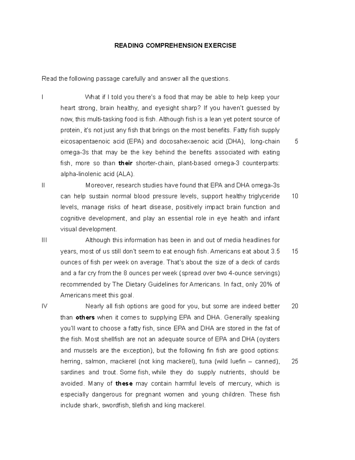 Reading Comprehension Practice (Nutrients in Fish) - READING ...