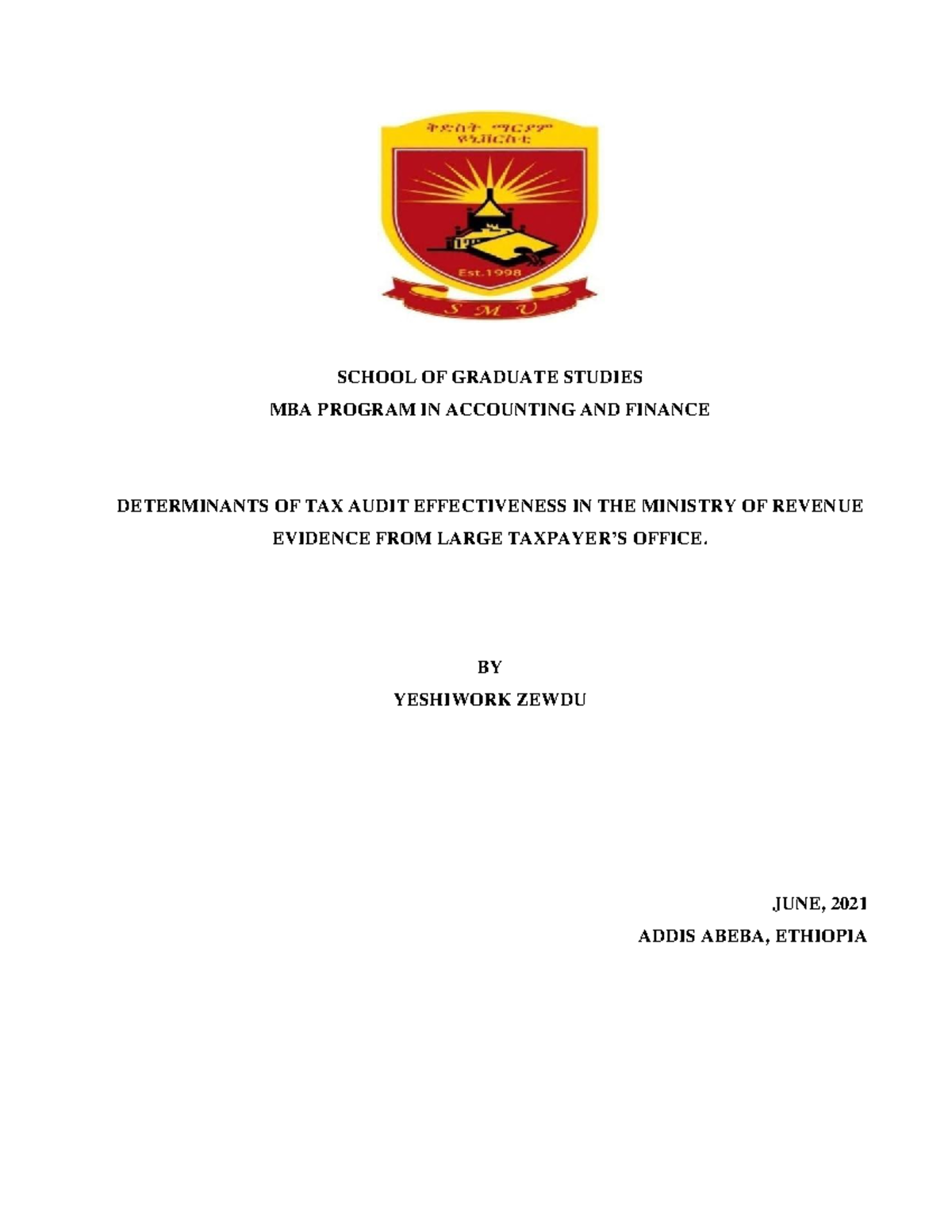 Tax audit effectiveness Yeshiwork Zewdu final print - SCHOOL OF ...